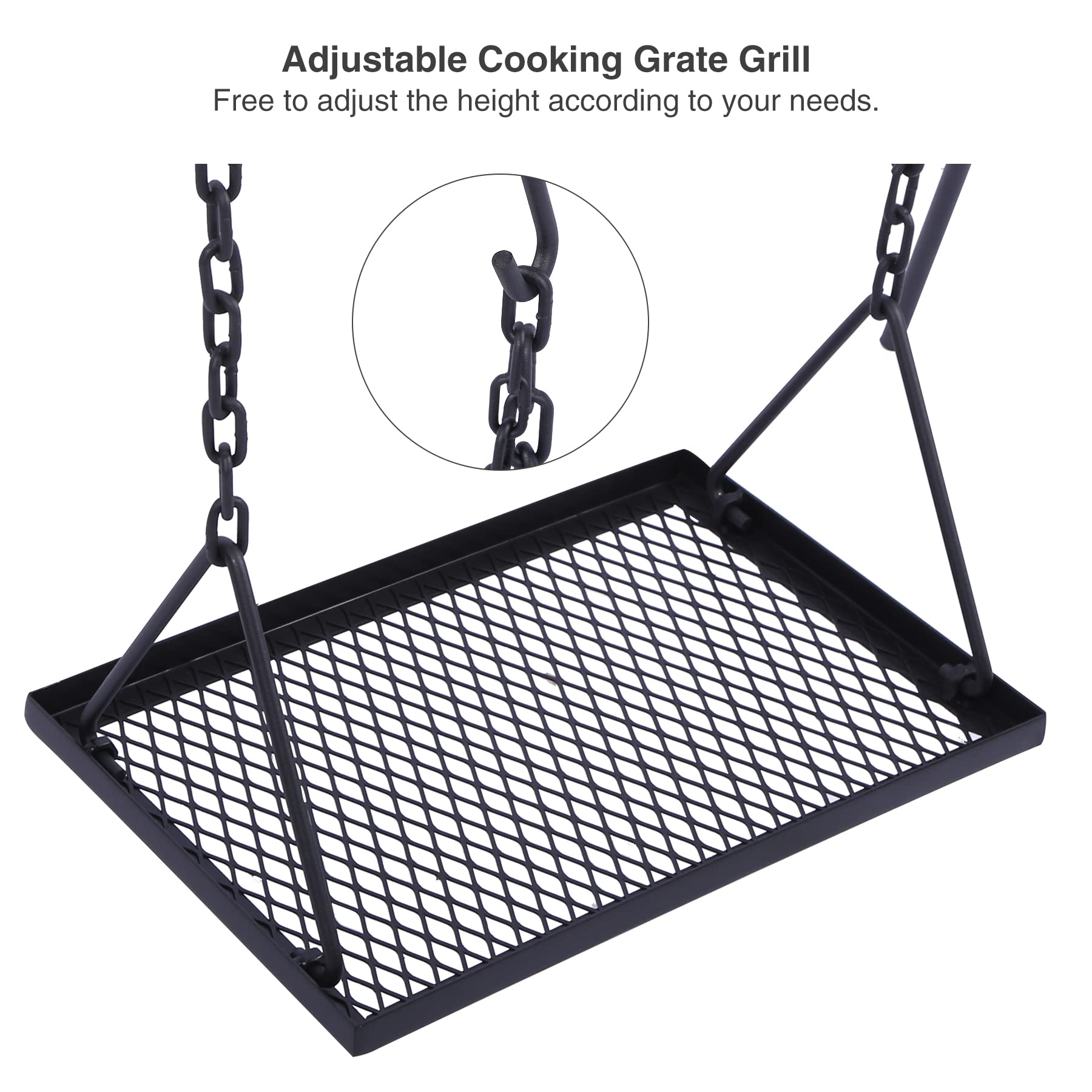 Lineslife Grill Swing Hanging Campfire Cooking Stand with Adjustable Iron Grill Grate, Collapsible Campfire Cooking Rack with Hooks and Accessories for BBQ Picnic, Outdoor Camping Cookware, Dutch Oven