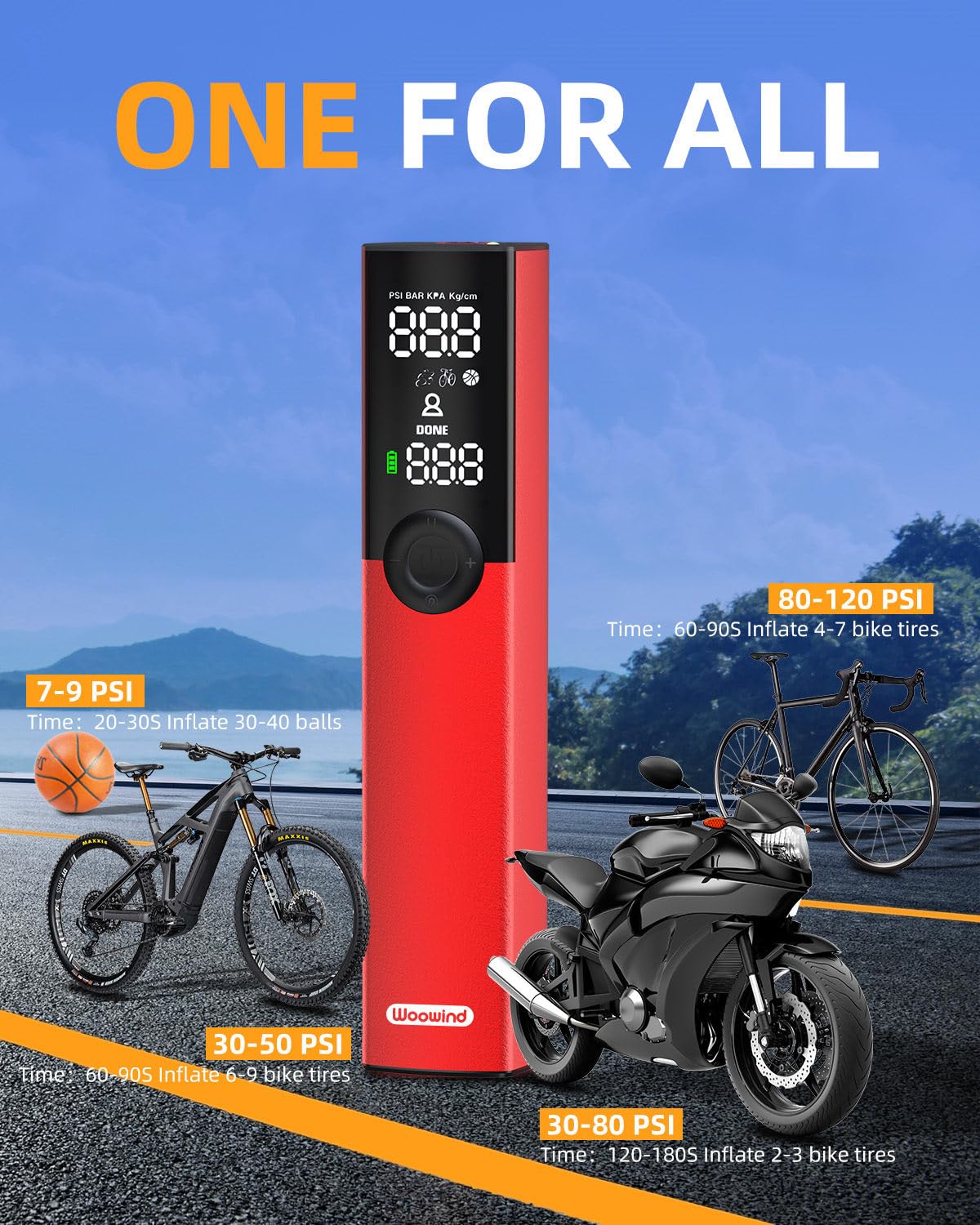 Bike Pump, The Pro Electric Bicycle Pump - Woowind BP188 Tire Inflator Portable Air Compressor with Schrader, Presta and Dunlop Valve Adapters - 150PSI (Red)