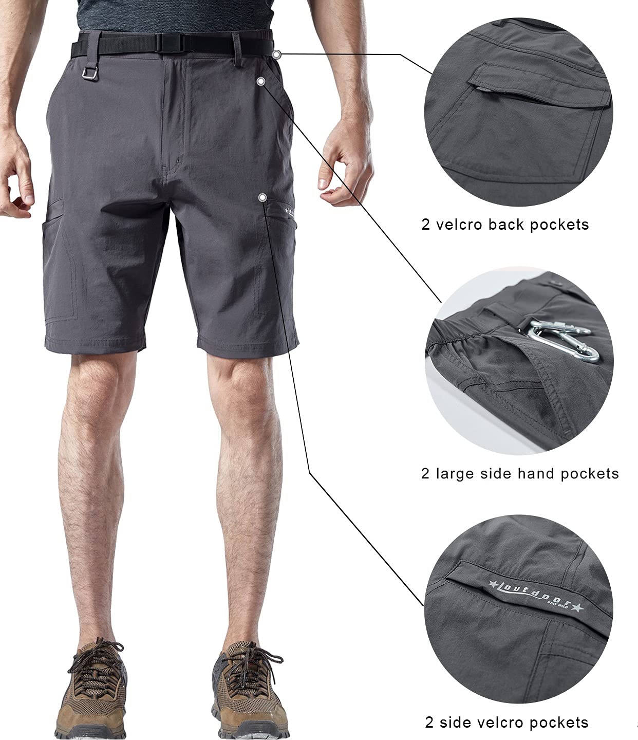 ROXJOURNEY Men's Hiking Shorts Quick Dry Lightweight Outdoor Sports Hiking Shorts Stretch Quick Dry Shorts with Pockets (XX-Large, Gray)