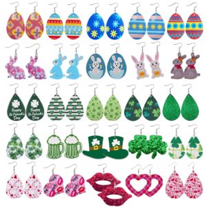 25 pairs st patrick's day easter faux leather earrings bulk for women teardrop clover green hat easter eggs bunny earrings dangle earrings set for teen women valentine’s day,mothers day gifts