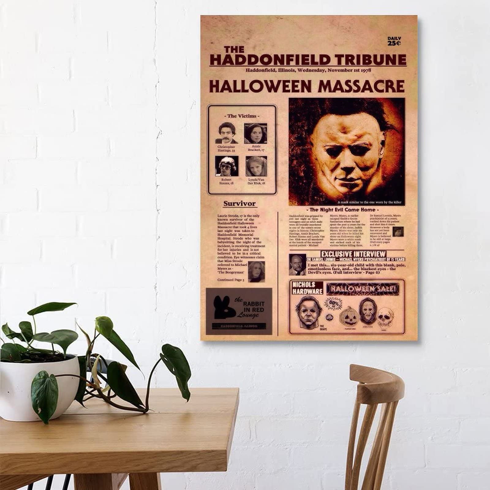 ZEEZFA Halloween Newspaper Headline Forum Michael Myers Poster Decorative Painting Canvas Wall Art Living Room Posters Bedroom Painting 16x24inch(40x60cm)