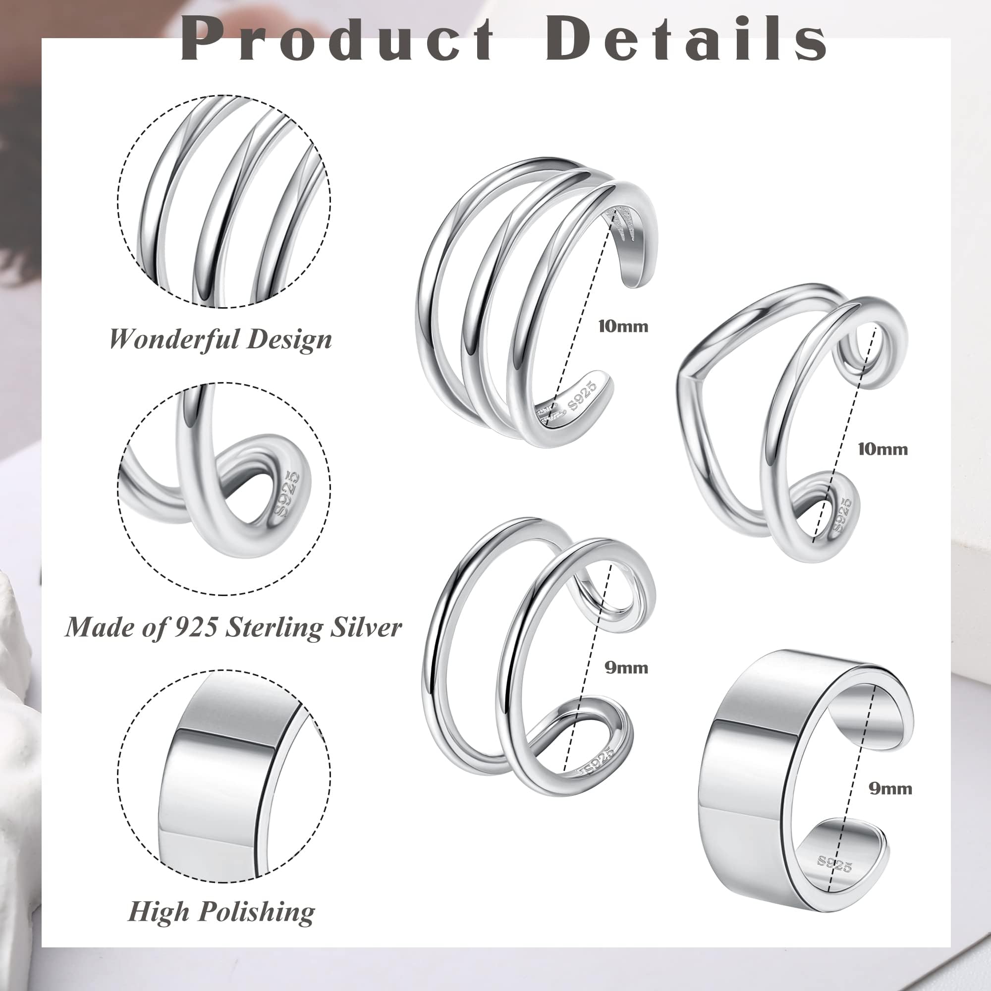 THUNARAZ 925 Sterling Silver Ear Cuffs for Women No Piercing Minimalist Helix Fake Piercing Cartilage Cuff Earrings 4 Styles