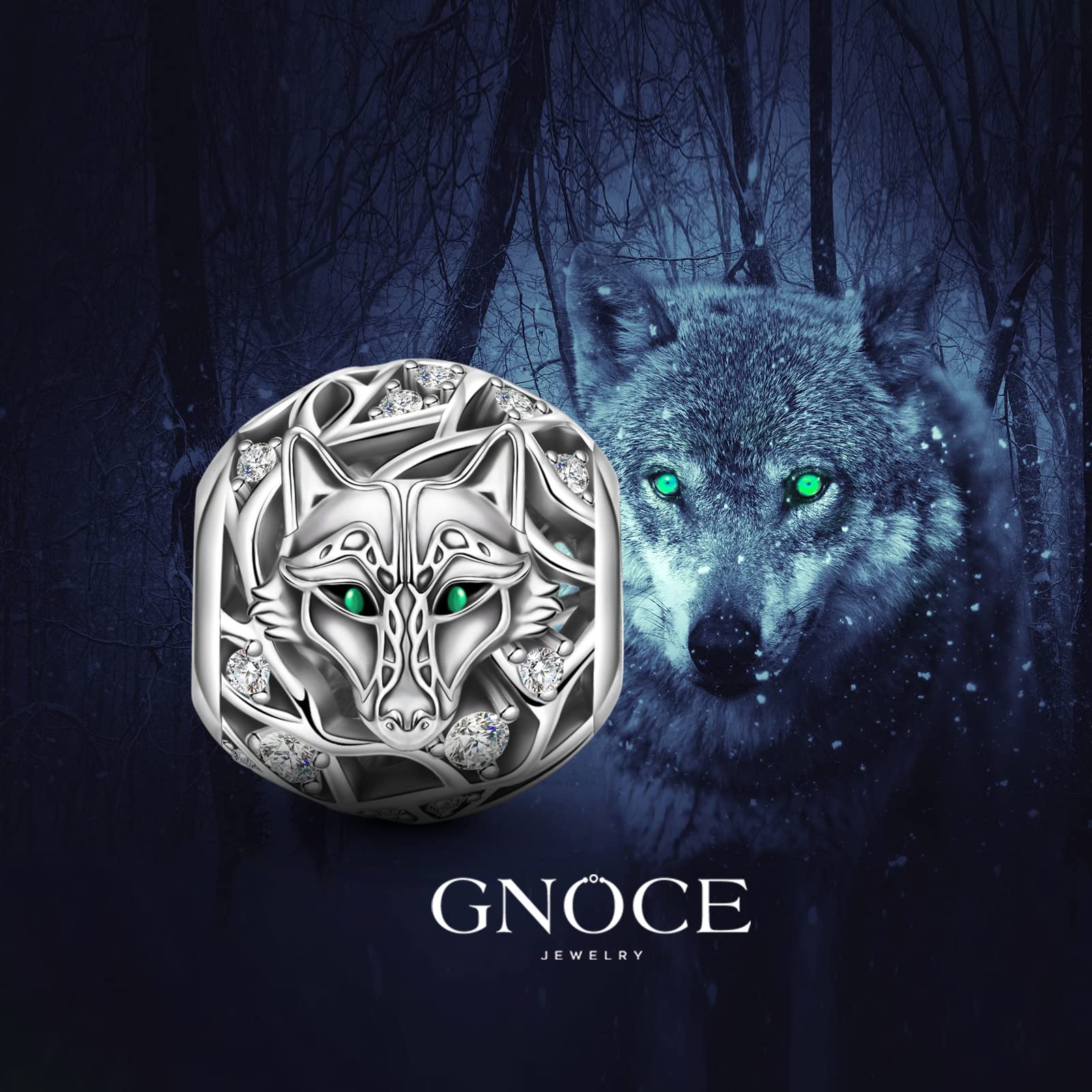 GNOCE Wolf Charm Bead 925 Sterling Silver Inlaid with Crystal Zircon Stons Jewelry Gift For Women Wife Fit Bracelets/Necklace