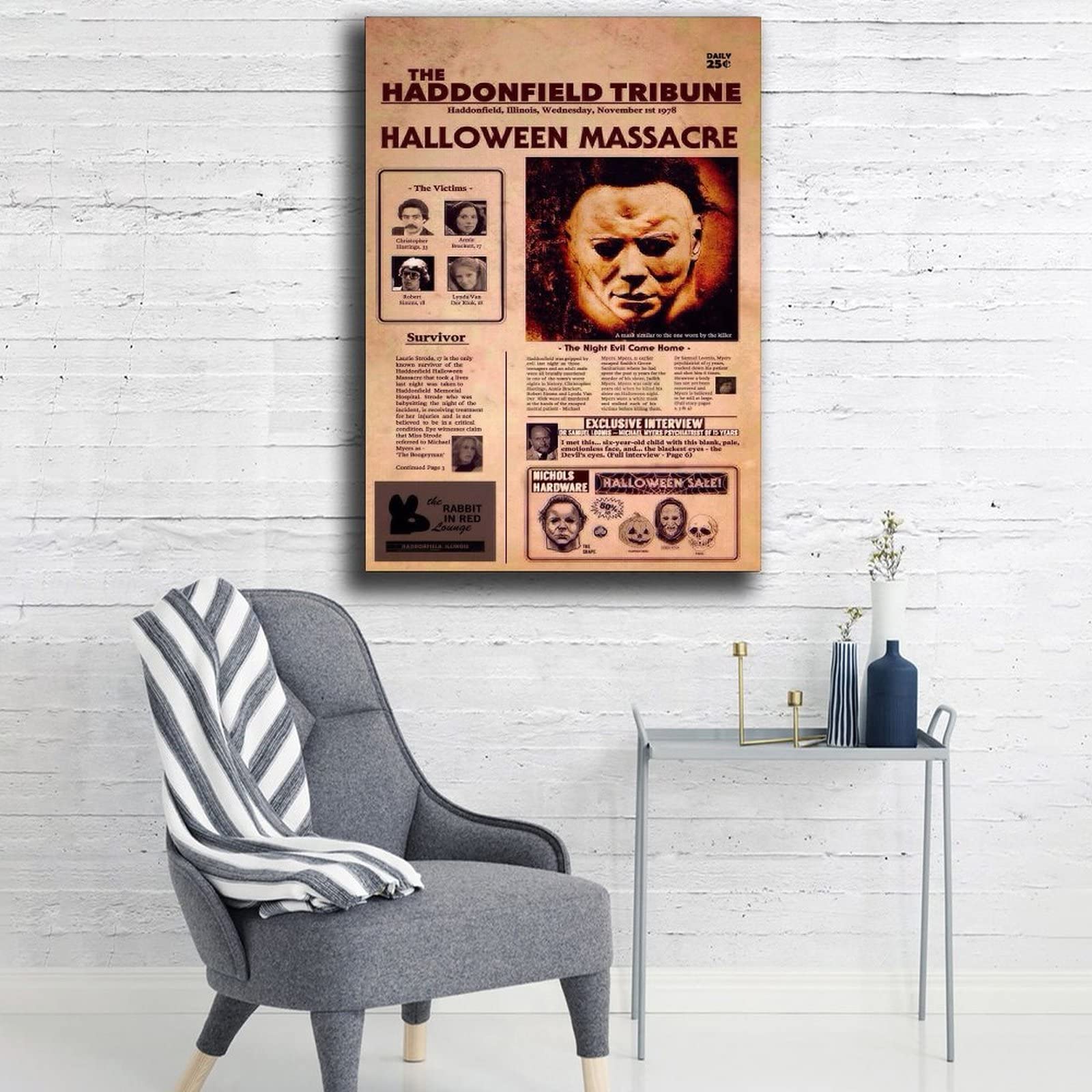 ZEEZFA Halloween Newspaper Headline Forum Michael Myers Poster Decorative Painting Canvas Wall Art Living Room Posters Bedroom Painting 16x24inch(40x60cm)