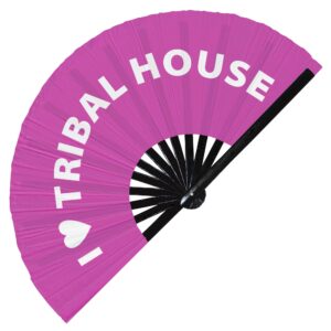 i love tribal house hand fan foldable bamboo circuit rave hand fans heart music genre rave parties gifts festival accessories (pink)