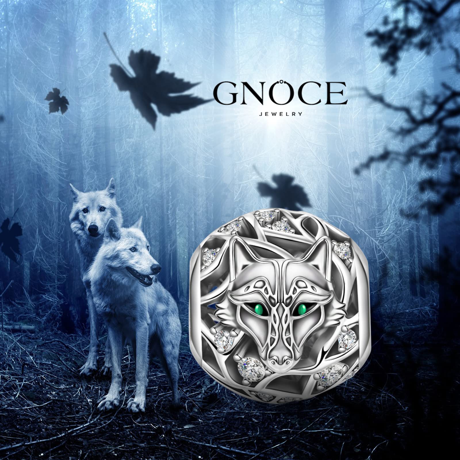 GNOCE Wolf Charm Bead 925 Sterling Silver Inlaid with Crystal Zircon Stons Jewelry Gift For Women Wife Fit Bracelets/Necklace