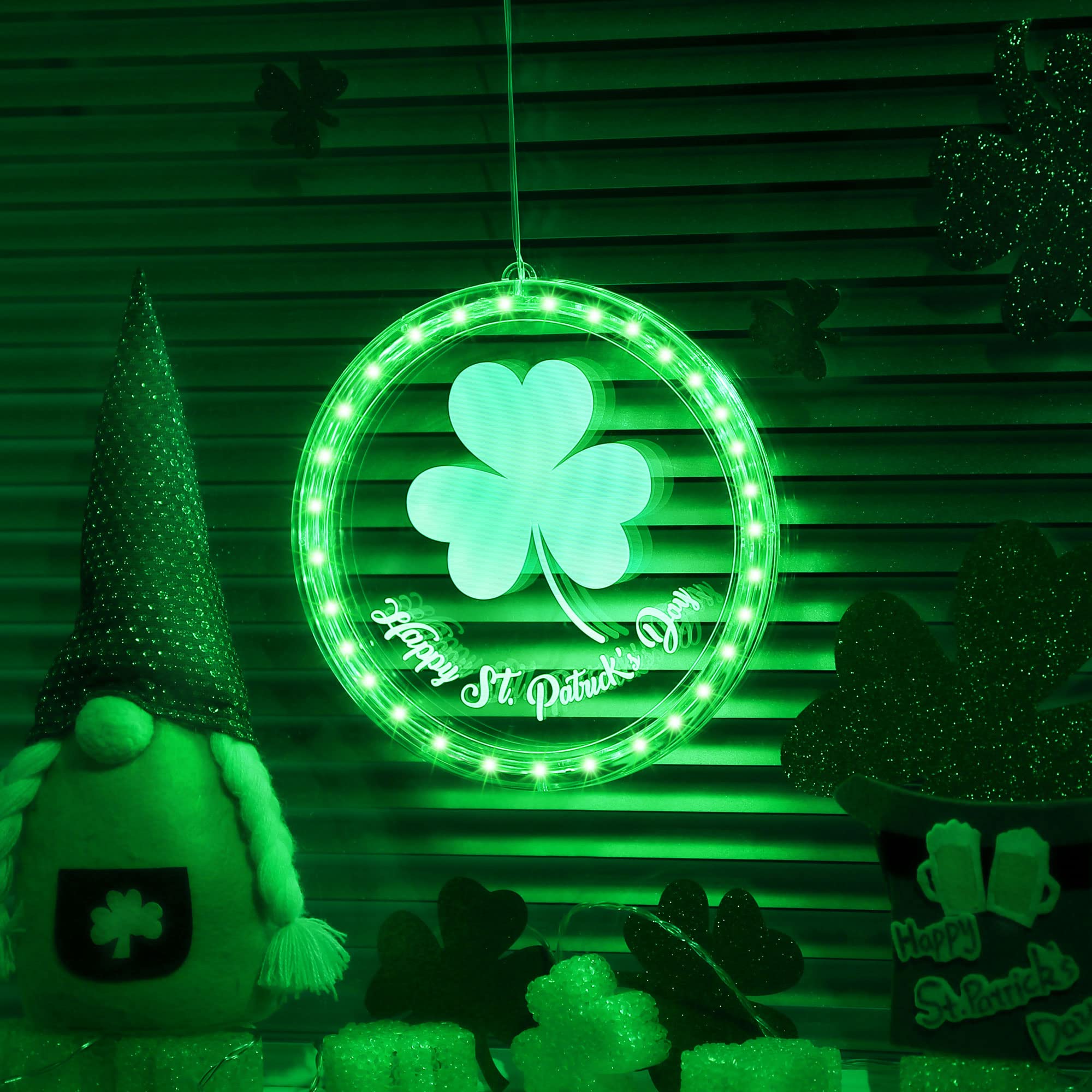 Enhon St. Patrick's Day Clover Window Light Decoration, Backdrop Decorative Saint Patrick Green Light for Windows Pathway Patio Bedroom Party Holiday Wall Decor (Shamrock Style)