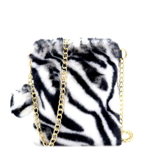 trendeology neon multicolor fluffy faux-fur girls womens small cute phone crossbody bag clutch purse (zebra print - black/white)