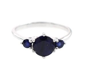 three stone natural blue sapphire 7 mm round cut 925 sterling silver september birthstone cluster unisex proposal ring girlfriend gift for valentine day (rhodium plated silver, 6)