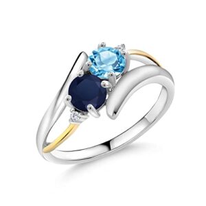 925 sterling silver and 10k yellow gold swiss blue topaz blue sapphire and white lab grown diamond 2 stone crossover ring for women (1.27 cttw, gemstone birthstone, available in size 5, 6, 7, 8, 9)