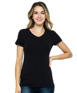 women's basic solid active soft cotton short sleeve v neck slim fitted top t-shirts in black - m