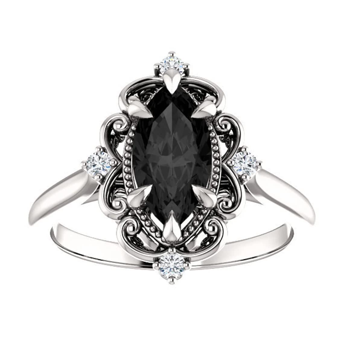 3.5 CT Marquise Cut Onyx Black Diamond Halo Victorian Wedding Ring for Women in 925 Sterling Silver White Gold or Rose Gold or Yellow Gold Finish (Silver, 9)