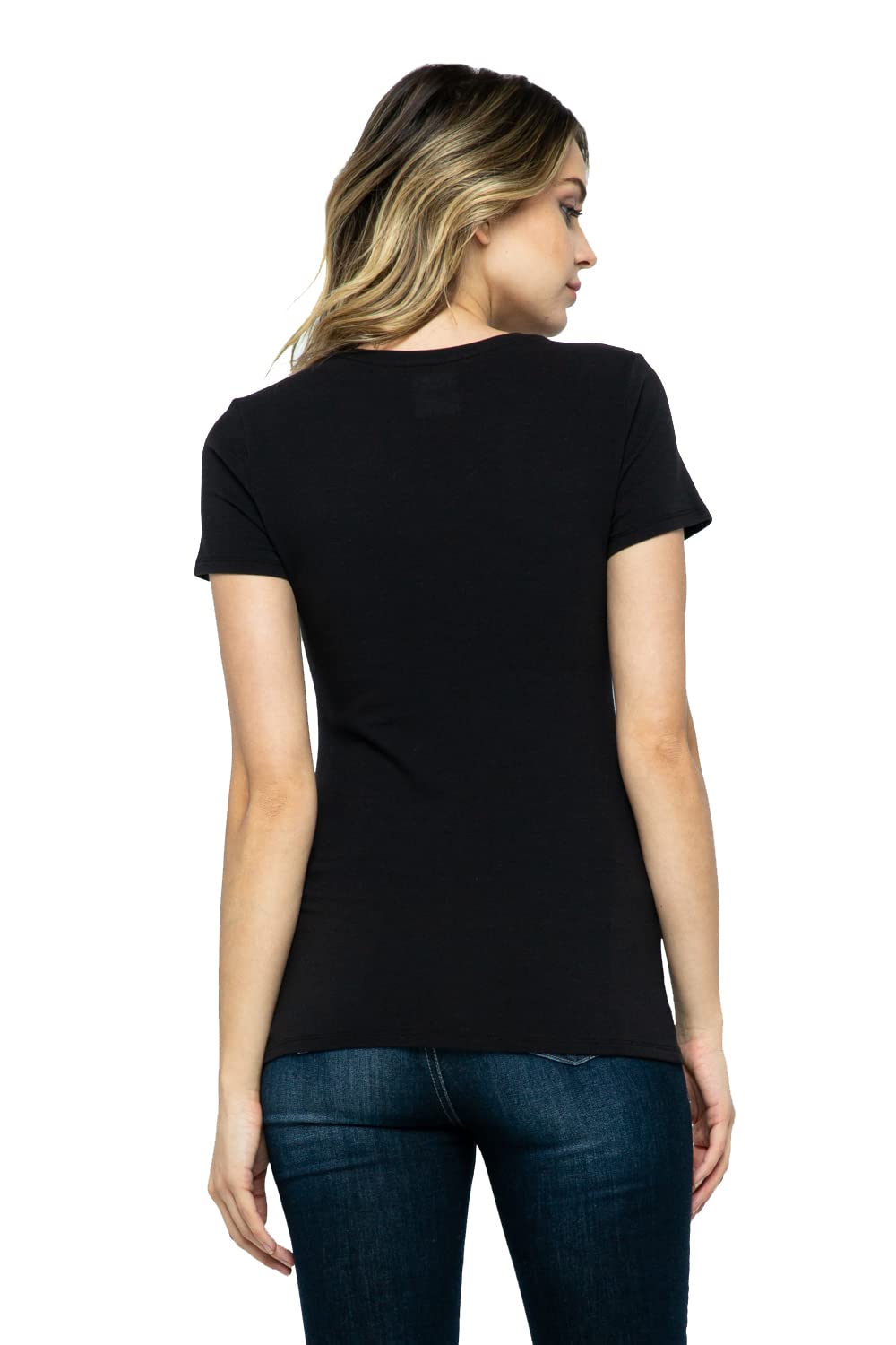 Women's Basic Solid Active Soft Cotton Short Sleeve V Neck Slim Fitted Top T-Shirts in Black - M