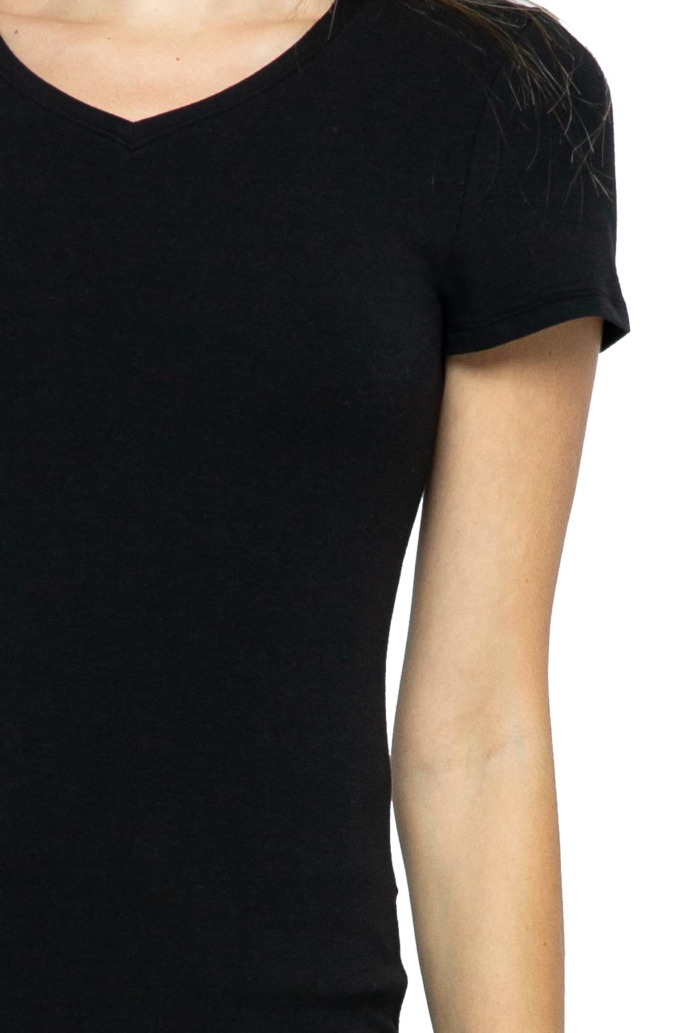 Women's Basic Solid Active Soft Cotton Short Sleeve V Neck Slim Fitted Top T-Shirts in Black - M