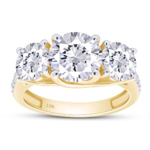 savearth diamonds three stone design, 3.40 cttw center 8mm round cut lab created moissanite with accents engagement ring in 10k solid yellow gold (vvs1 clarity) size-6.5