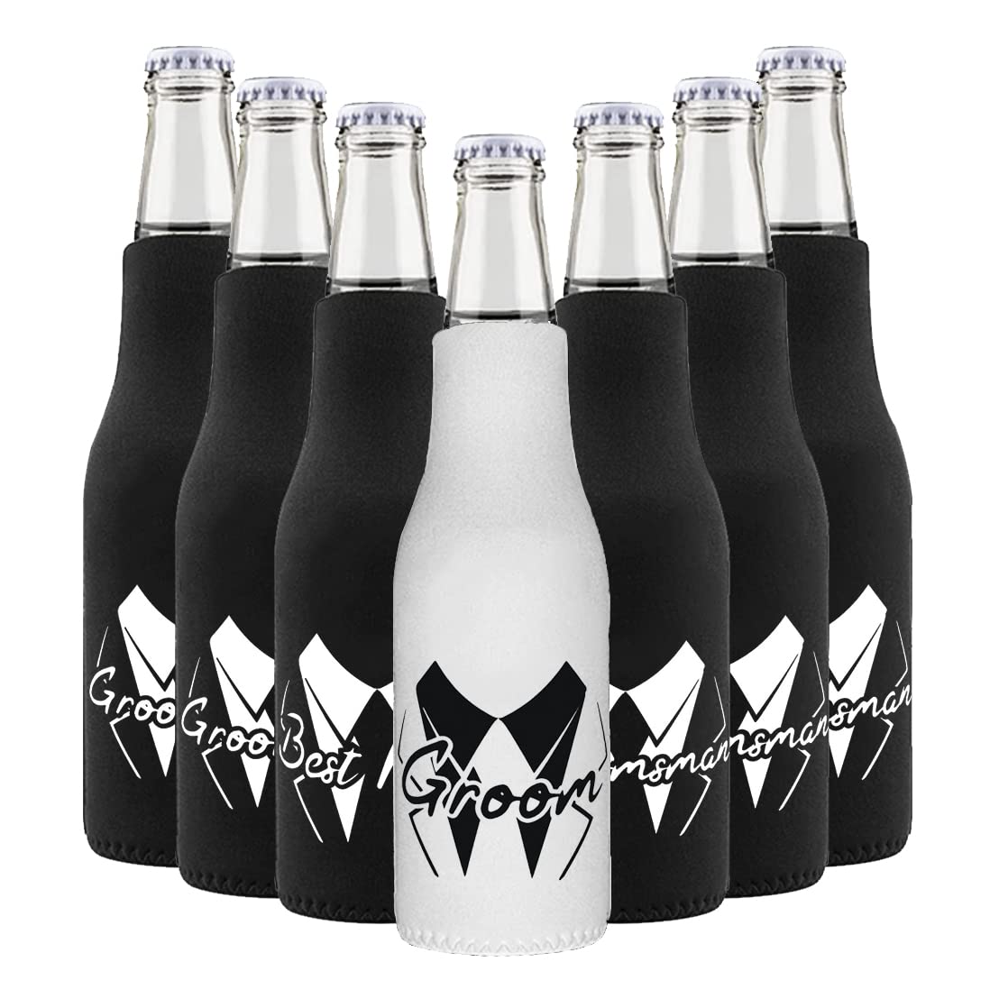 LADY & HOME Set of 7 Bachelor Party Bottle Cooler,Groom and Groomsman Beer Bottle Sleeve,Collapsible Can Holder for Bachelor (Black-Bottle-Squiggles)