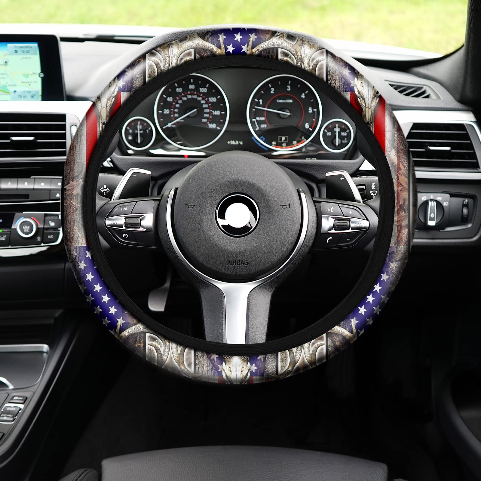 10 Pcs American Flag Wood Deer Skull Camo Car Accessories Set 4th of July Patriotic Car Seat Covers Steering Wheel Cover Keyring Car Cup Holder Armrest Pad Seat Belt Pads Wrist Strap for SUV Truck