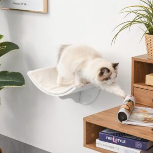 PawHut Wood Wall-Mounted Cat Shelves, Curved Kitten Bed Cat Perch Climber with Fleece Top, 16.25" x 11" x 8.25", White