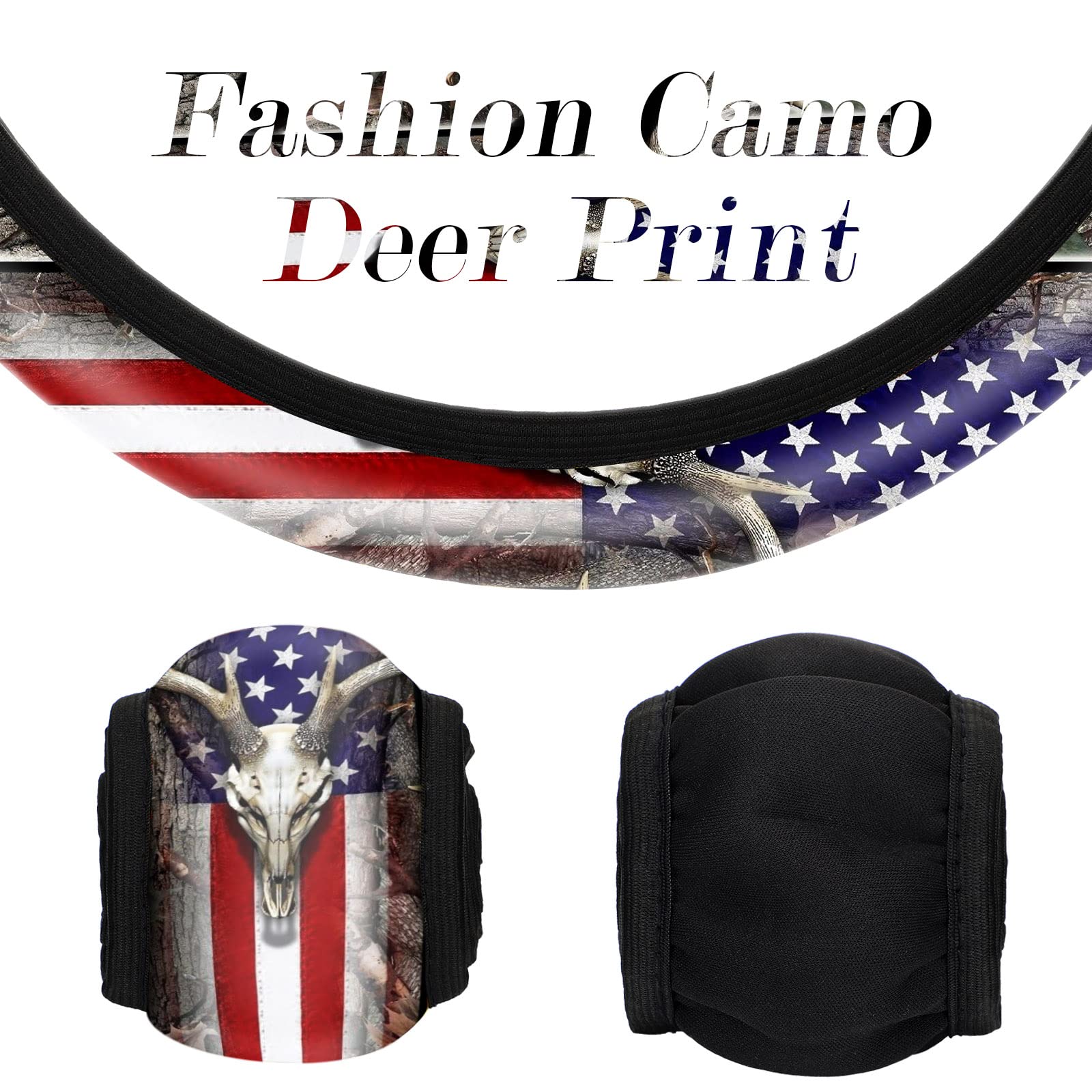 10 Pcs American Flag Wood Deer Skull Camo Car Accessories Set 4th of July Patriotic Car Seat Covers Steering Wheel Cover Keyring Car Cup Holder Armrest Pad Seat Belt Pads Wrist Strap for SUV Truck