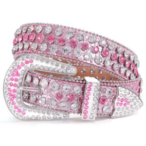 werforu women western rhinestone studded leather belt cowgirl bling waist belt for jeans dress, pink,fit waist size 32-37 inches