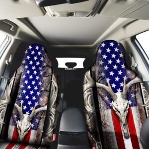 10 Pcs American Flag Wood Deer Skull Camo Car Accessories Set 4th of July Patriotic Car Seat Covers Steering Wheel Cover Keyring Car Cup Holder Armrest Pad Seat Belt Pads Wrist Strap for SUV Truck