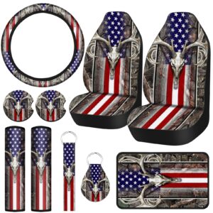 10 pcs american flag wood deer skull camo car accessories set 4th of july patriotic car seat covers steering wheel cover keyring car cup holder armrest pad seat belt pads wrist strap for suv truck