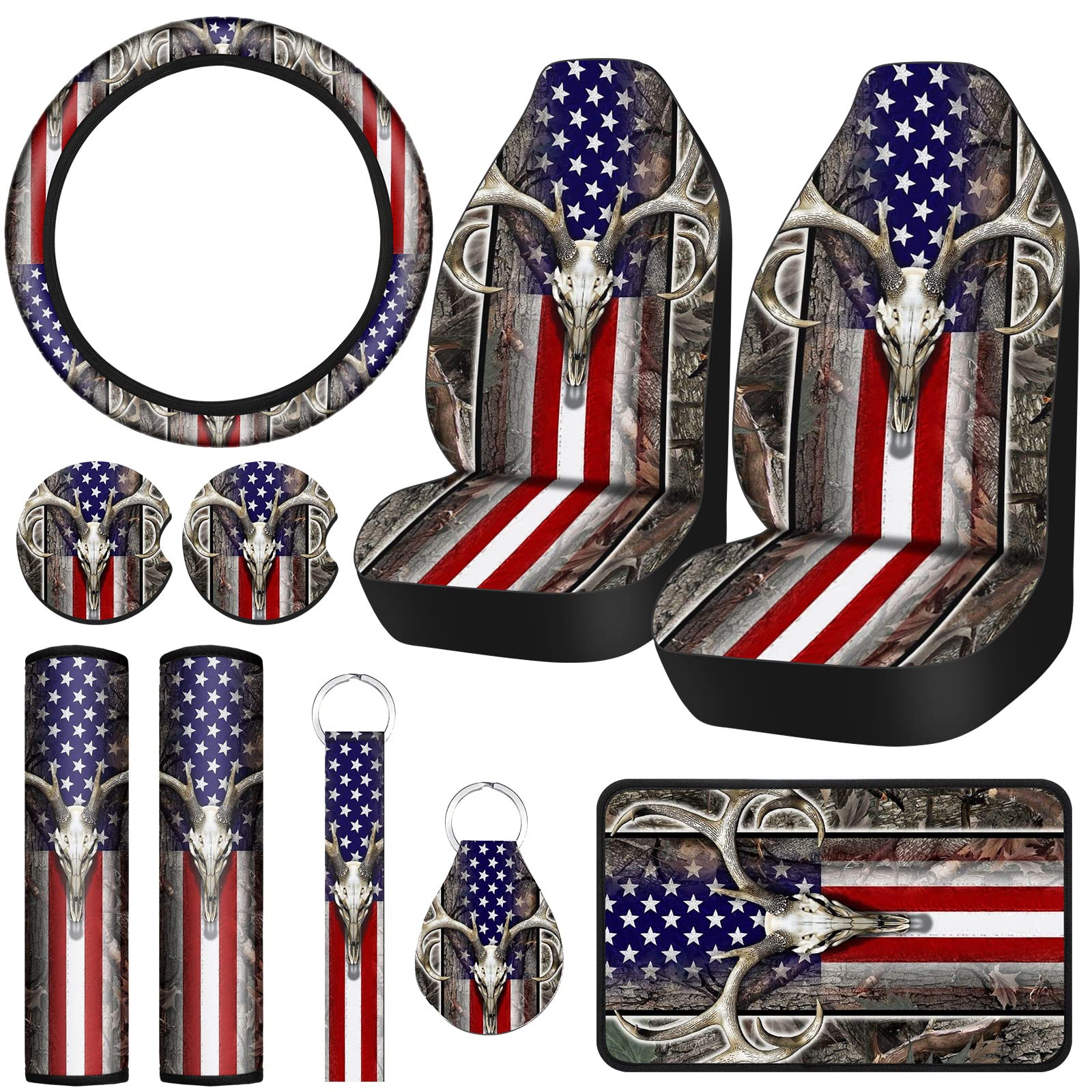 10 Pcs American Flag Wood Deer Skull Camo Car Accessories Set 4th of July Patriotic Car Seat Covers Steering Wheel Cover Keyring Car Cup Holder Armrest Pad Seat Belt Pads Wrist Strap for SUV Truck