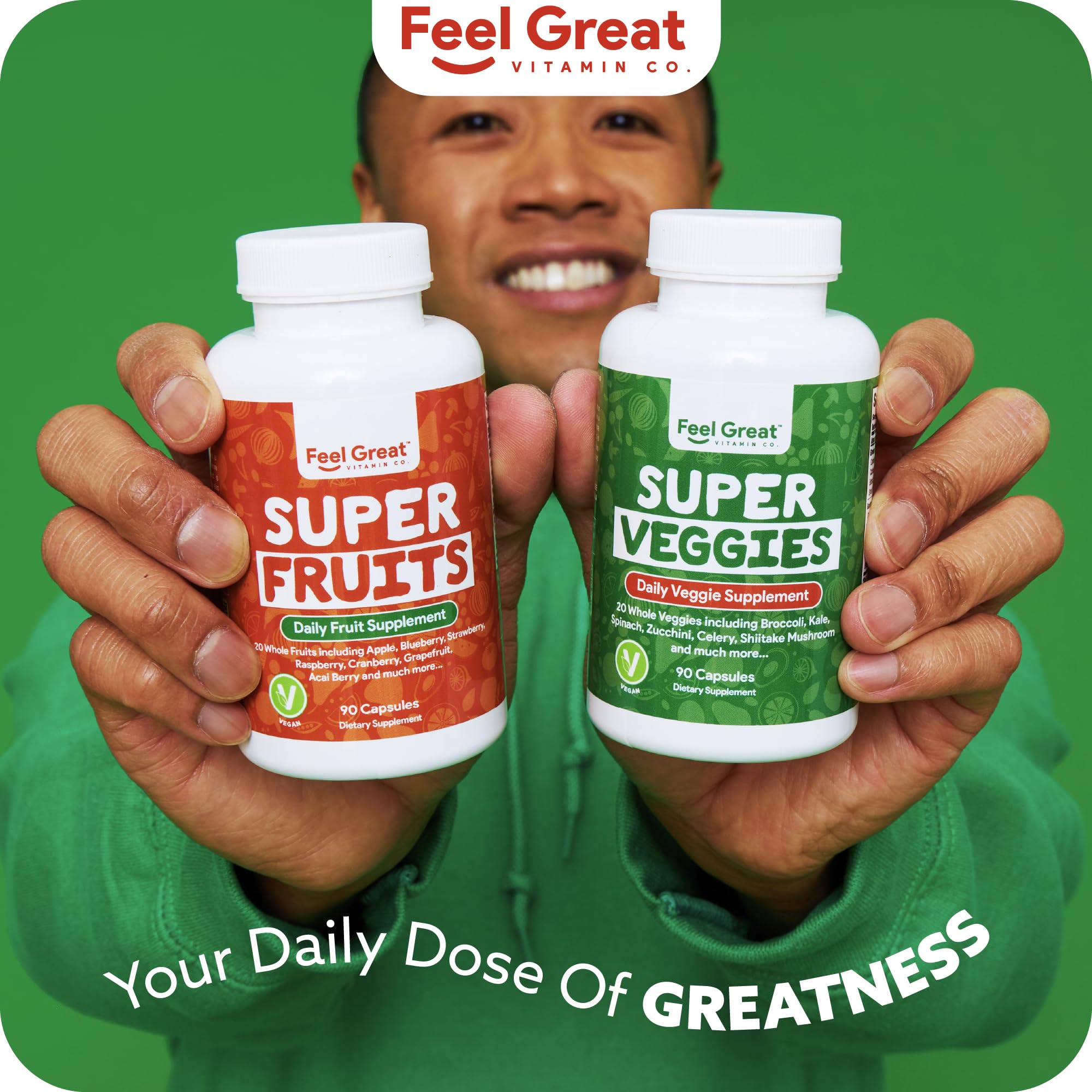 Feel Great Fruit and Vegetable Supplements | 20+ Super Reds & Greens for Natural Energy Support | Vegan Fruit and Veggie Vitamins | 2 Pack of 90 Count Each