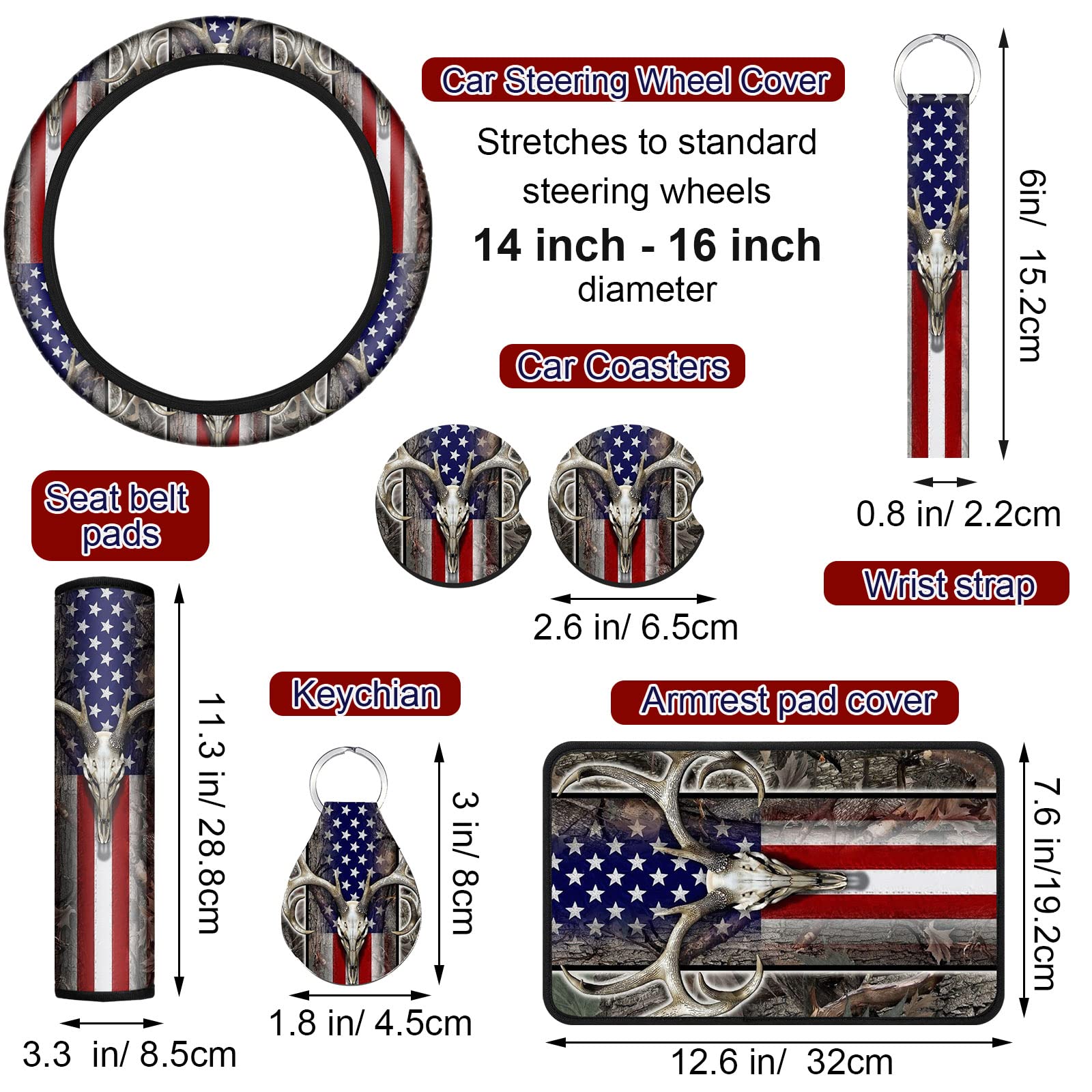 10 Pcs American Flag Wood Deer Skull Camo Car Accessories Set 4th of July Patriotic Car Seat Covers Steering Wheel Cover Keyring Car Cup Holder Armrest Pad Seat Belt Pads Wrist Strap for SUV Truck