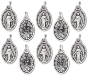 caritas et fides bulk pack of 10 - miraculous medal pendant for necklace -1" oval silver oxidized miraculous medals pendant for necklace, medals for jewelry catholic, made in italy