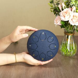 zxzyhfty steel tongue drum, 6 inch 8 note rain chime drum with bag, music book, drumsticks, mallet holder and finger paddles, for camping, meditation or yoga .(navy blue)