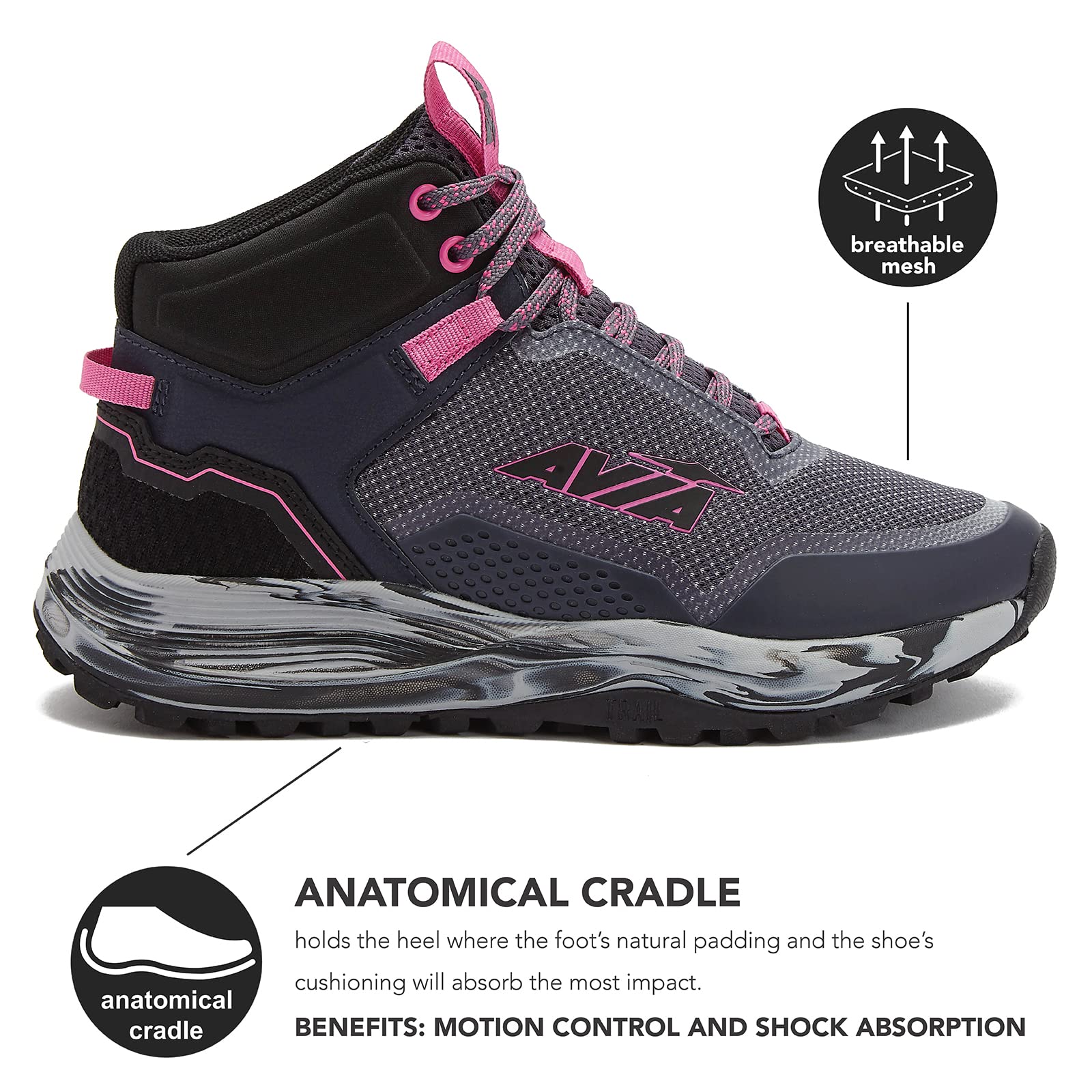 Avia Grit Sport Women’s Hiking Boots, Mid Top Ankle Trail Shoes for All Weather - Dark Grey/Dark Pink/Medium Grey, 7 Medium