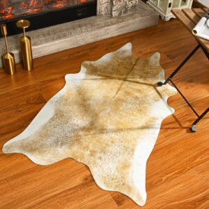 rtizon faux cowhide rug for living room, 2.3 x 3.6 feet khaki, cow print skins rug for bedroom, premium faux fur animal cow hide rugs carpet for western decor