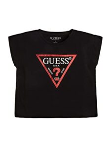 guess girls foil print logo organic stretch jersey short sleeve t-shirt t shirt, black, 8 years us