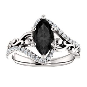 vintage 3.5 ct marquise cut onyx black diamond art deco wedding ring for women in 925 sterling silver white gold or rose gold or yellow gold finish (silver, 7.5)