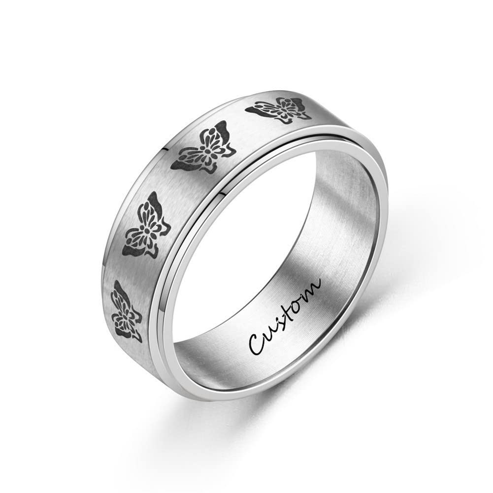 ZKXXJ Personalized Butterfly Spinner Ring for Men Women,Stainless Steel Custom Name Rotatable Fidget Anxiety Ring Engraved Finger Band,Size 6-12