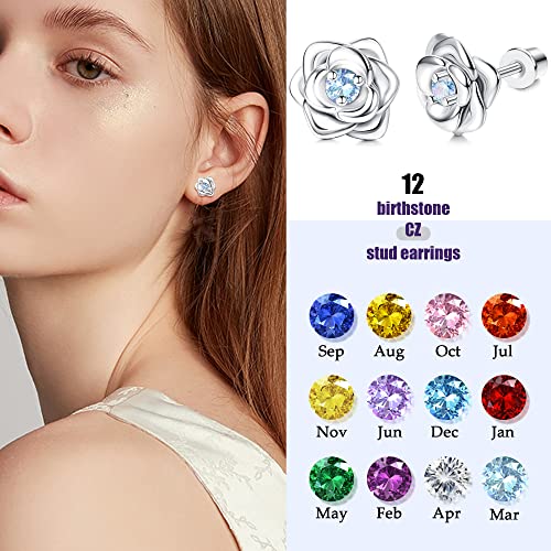 THUNARAZ Hypoallergenic Birthstone Stud Earrings for Women Butterfly Flower Heart CZ Screw Back Earrings Jewelry Gift for Birthday Christmas