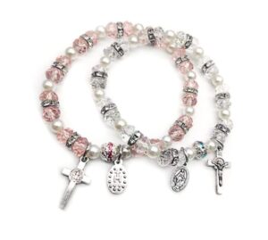 crystal cross bracelet elastic beads stretch rosary bracelet with crucifix and miraculous medal for women