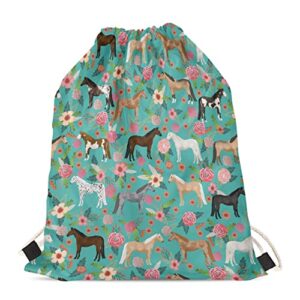 upetstory floral horse drawstring backpack string bag sackpack cinch storage pouch for women girls kids gym shopping sport yoga swim