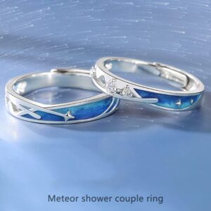 Meteor Shower Matching Couple Rings for Him and Her Sterling Silver 925 Crystal Cubic Zirconia Starry Sky Lucky Star Engagement Wedding Ring Promise Ring Statement Band Adjustable Finger Bands Set