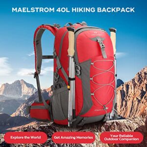 Maelstrom Hiking Backpack,Camping Backpack,40L Waterproof Hiking Daypack with Rain Cover,Lightweight Travel Backpack,Red