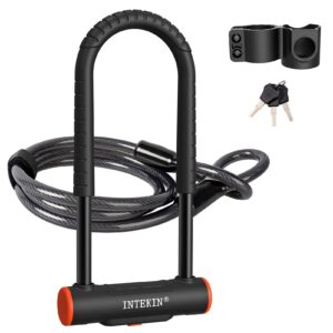 intekin bike u lock heavy duty bike lock bicycle lock, 16mm u lock and 5ft length security cable with sturdy mounting bracket for bicycle, motorcycle and more, black, large