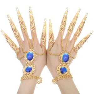 maitys 2 pcs gold bracelets inlaid with acrylic women belly dance gypsy egyptian bracelet with finger nails halloween costume (sapphire)