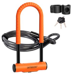 intekin bike u lock heavy duty bike lock bicycle lock, 16mm u lock and 5ft length security cable with sturdy mounting bracket for bicycle, motorcycle and more, orange, large