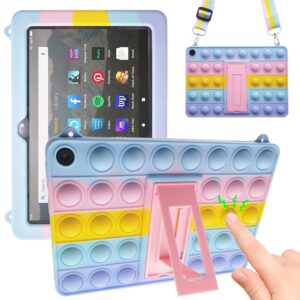 izi way pop it tablet case for amazon fire hd 10 / fire hd 10 plus 10.1" kids (11th generation, 2021 release), fidget toy pop its push bubble wrap cute silicone cover stand shoulder strap - rainbow