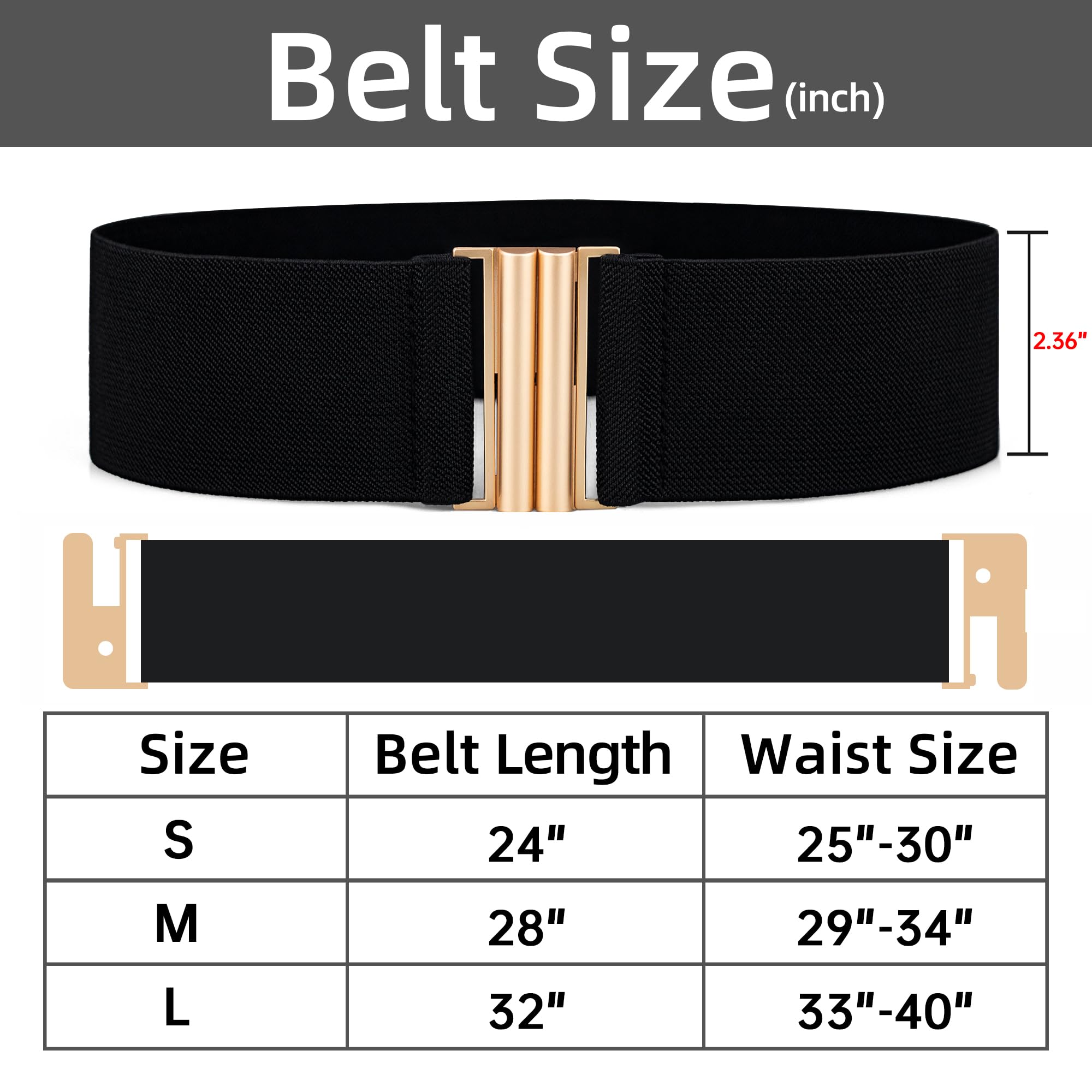 macoking Black Belts for Women Wide Elastic Belt for Dresses Cinch Belt Gold Buckle L