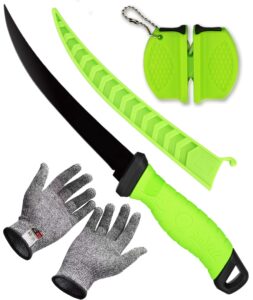 fish fillet knife, 7 inches professional fishing fillet knife set stainless steel blade in corrosion resistant coating, with sharpener and cutting resistant gloves, for fishing and outdoor, green