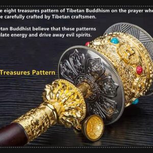 Copper Large Hand Held Prayer Wheel with Tibetan Buddhist Six-Character Truth Premium Buddha Scriptures, Wooden Handle Prayer Wheel for Praying, Blessing, Meditation, Healing, Relaxing, Yoga