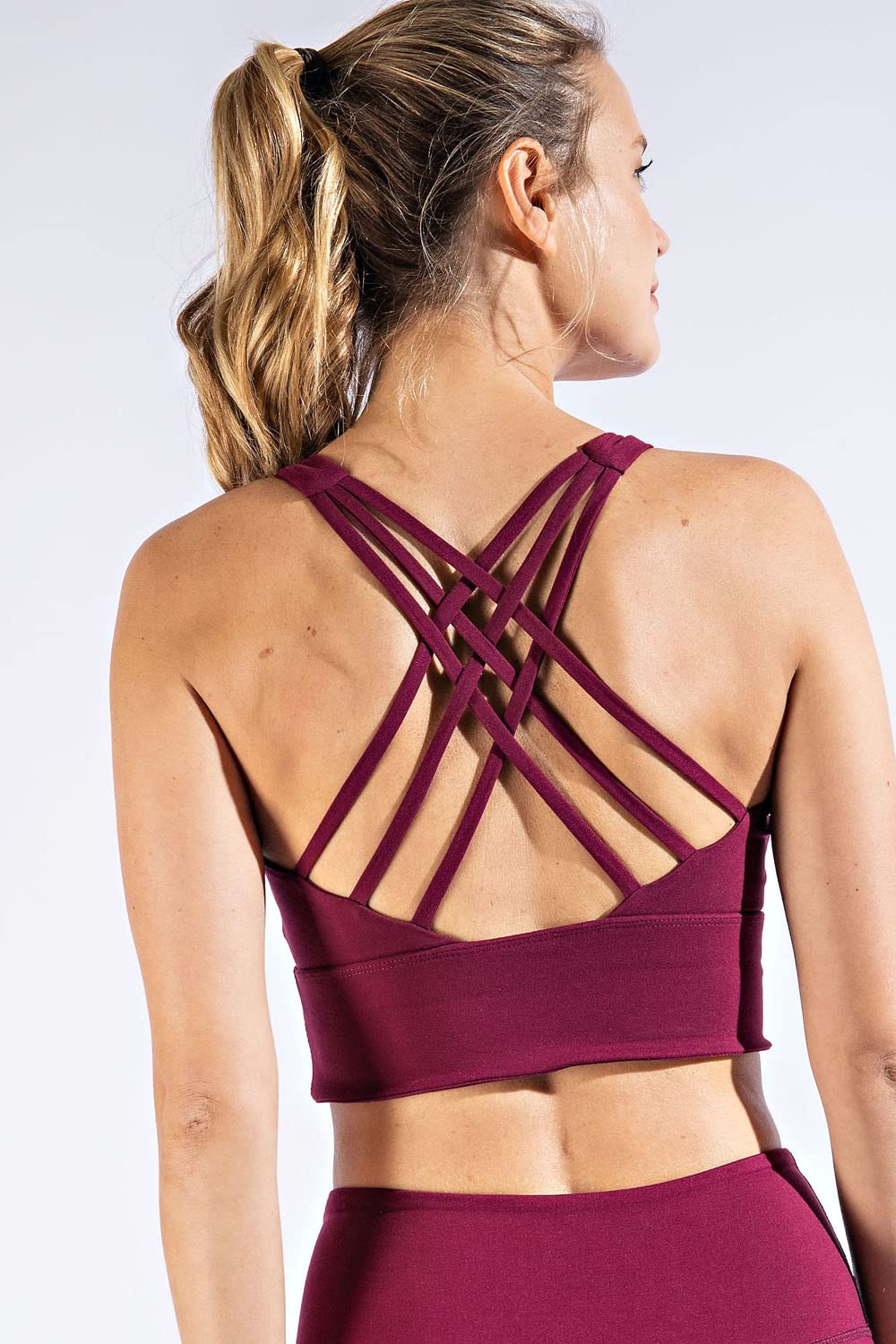 Hype Up Women's Strappy Crisscross Back Medium Support Sports Bra with Removable Cups (S-3X) Burgundy