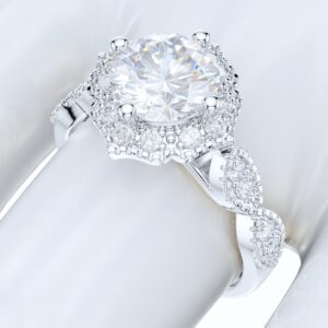 PRSTANI Solid Sterling Silver Fancy Vintage Milgrain 1.5CT Simulated Round Brilliant Cut Diamond Halo Promise Engagement Ring (4.5)